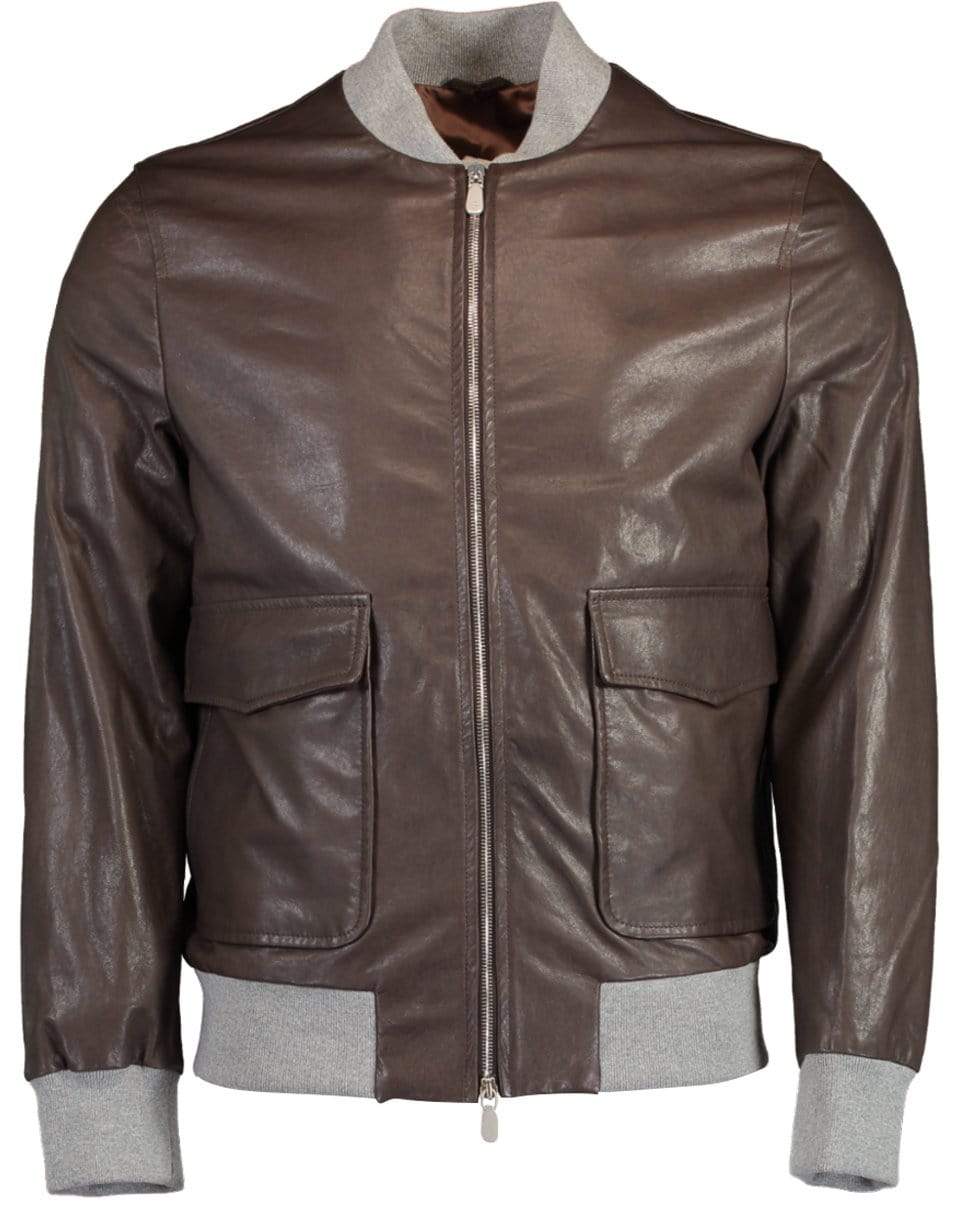 Contrast Collar and Cuff Leather Bomber Jacket | ELEVENTY – Marissa ...