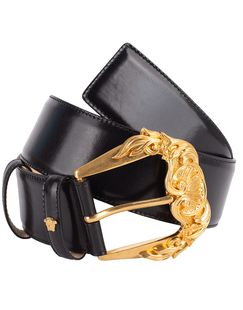 Gold Buckle Wide Leather Belt | VERSACE – Marissa Collections